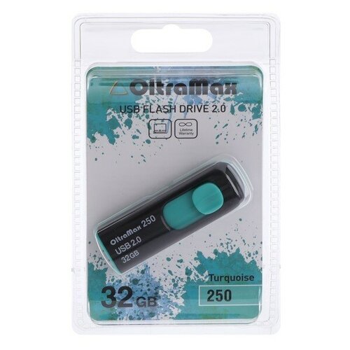 Флешка OltraMax 250, 32 Гб, USB2.0, чт до 15 Мб/с, зап до 8 Мб/с, бирюзовая