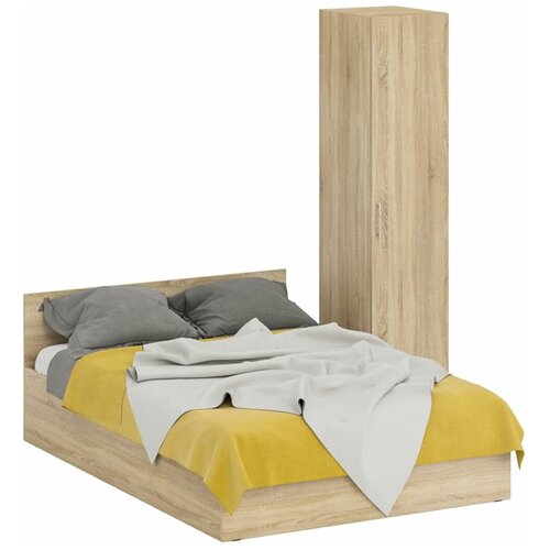 Кровать двуспальная 1400 с пеналом Стандарт, цвет дуб сонома, спальное место 1400х2000 мм, без матраса, основание есть