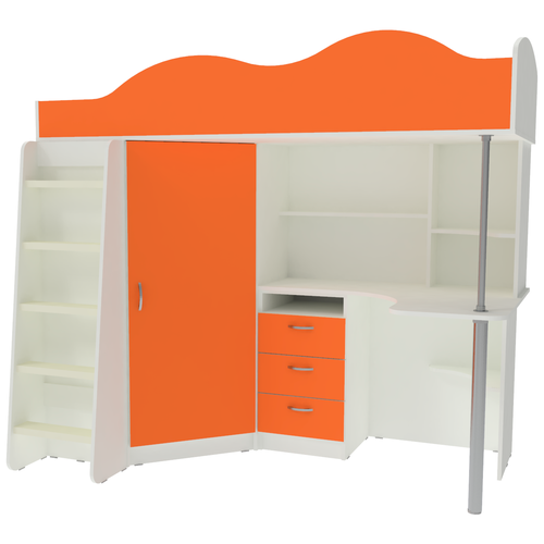 Кровать чердак Пионер с деревянной лестницей Белый Оранжевый