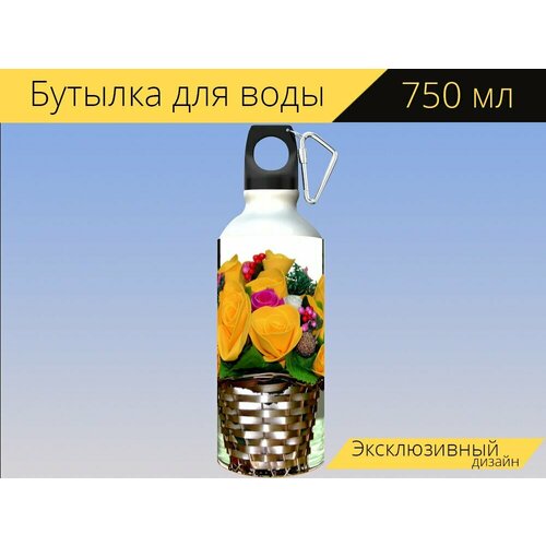 Бутылка фляга для воды "Букет, сухоцветы, украшение" 750 мл. с карабином и принтом