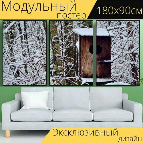 Модульный постер "Птичий домик, снег, зима" 180 x 90 см. для интерьера