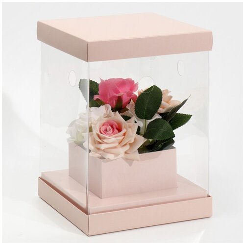Коробка для цветов с вазой и PVC окнами, складная Бежевая, 16х23х16 см, 1 шт