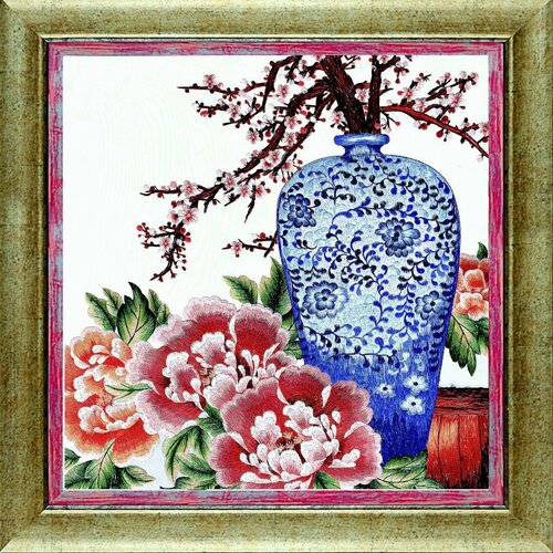 Картина вышитая шелком Весенний натюрморт ручной работы/см 59х59х3/в багете