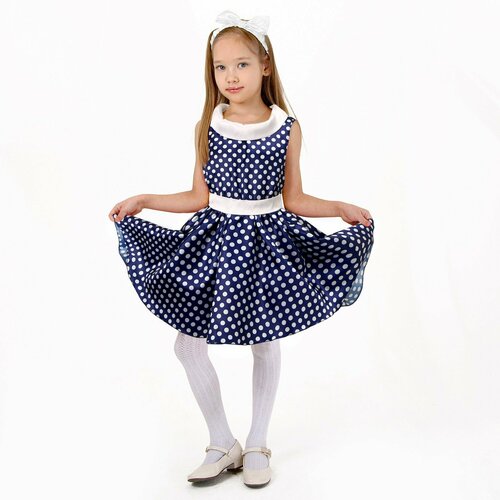 Костюм карнавальный "Стиляги 5", платье синее в белый горох, повязка, р. 32, рост 122-128 см, для девочки