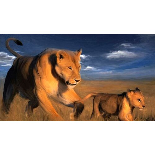 Картина на холсте 60x110 LinxOne "Львица хищники львенок" интерьерная для дома / на стену / на кухню / с подрамником