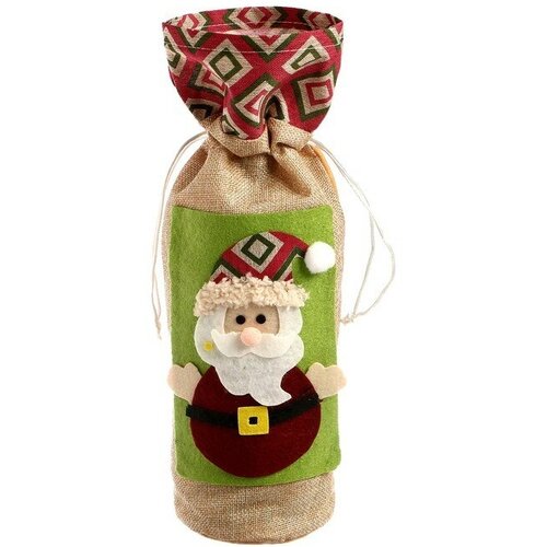 Чехол на бутылку «Дед Мороз» шапочка с рисунком, цвета микс