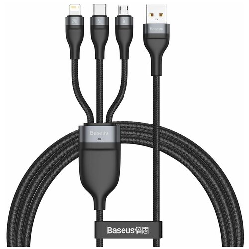 Кабель BASEUS One-for-three FAST Charging, USB to Lightning 2.4A+MicroUSB 2A/18W+Type-C 66W, 1.2м, черный, CA1T3-G1