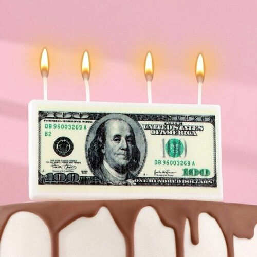 Свеча в торт на шпажке денежная "100 долларов", 9,8х11,5 см, 5 мин, 60 г 1 шт.