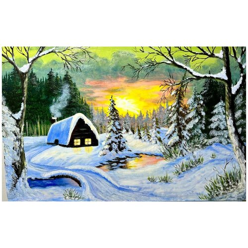 Картина "Сказочная зима. Домик в зимнем лесу"