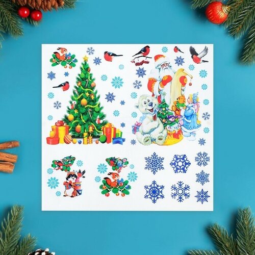 Дарим Красиво Набор наклеек на окна "Новогодний" ёлочка, снегири, Дед Мороз, 36 х 36 см
