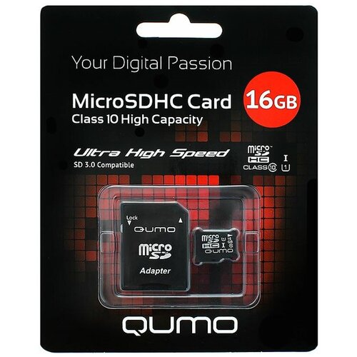 Карта памяти Qumo microSDHC 16 ГБ Class 10, V10, A1, UHS-I, R 90 МБ/с, адаптер на SD, 1 шт., серый