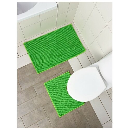 Доляна Набор ковриков для ванной и туалета Доляна «Букли», 2 шт, 40×50, 50×80 см цвет зелёный