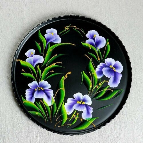 Поднос круглый "Ирис на чёрном", сервировочный, художественная роспись, 28 см, стекло