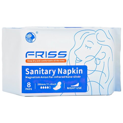 FRISS Sanitary Pad Премиальные гигиенические прокладки, ночные (Чип 4 в 1 с турмалином и наносеребром), 8шт/уп, 280 мм, 4 капли