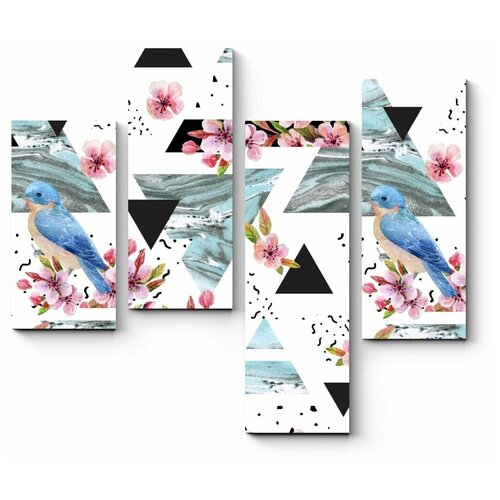 Модульная картина Птицы, цветы и треугольники 74x69
