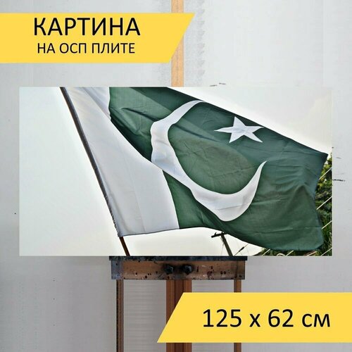 Картина на ОСП 125х62 см. "Пакистан, национальный, флаг" горизонтальная, для интерьера, с креплениями