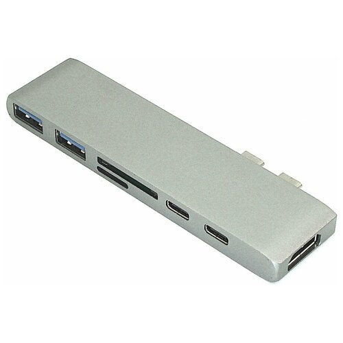 Адаптер сдвоенный Type C на HDMI, USB 3.0 2 разъёма и 2 разъёма зарядки Type C + кардридер SD, TF для MacBook серый