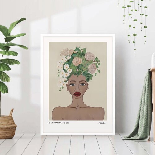 Постер "Мулатка девушка с цветами на голове" 50 на 70 в белой рамке / Картина для интерьера / Плакат / Постер на стену / Интерьерные картины