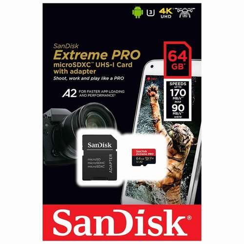 Карта памяти MicroSD 64GB SanDisk Extreme A2 UHS-I U3 (170 Mb/s) (SDSQXAH-064G-GN6GN)
