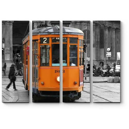 Модульная картина Оранжевый трамвай на сером городском фоне100x75