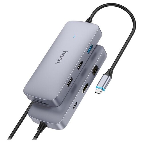 Адаптер HOCO HB32 8-in-1, Разветвитель Type-C to HDMI + RJ45 + USB2.0*2 + USB3.0 + SD + microSD + USB-C 100W, Хаб Серый