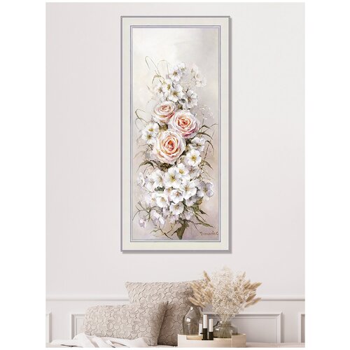 Картина постер на стену для интерьера "Нежность 2", 27х57 см, на бумажном холсте, в раме, вертикальная, цветы/Графис