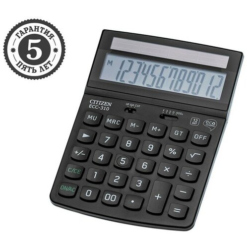 Калькулятор настольный Citizen "ECC-310", 12-разрядный, 107 х 173 х 34мм, питание от солнечной батареи, черный