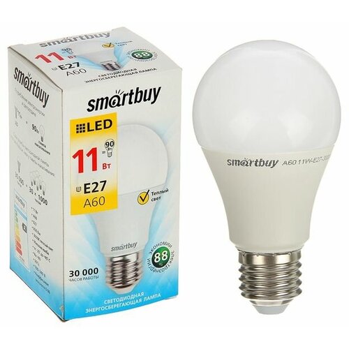 Лампа cветодиодная Smartbuy, A60, E27, 11 Вт, 3000 К, теплый белый свет