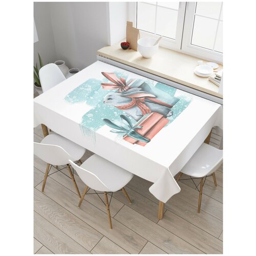 Прямоугольная тканевая скатерть на стол JoyArty с рисунком "Зайка с подарком", 145x180 см