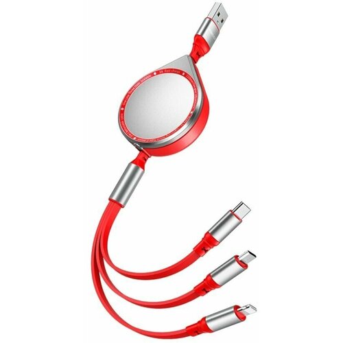 Кабель для зарядки телефона Recci RTC-T13 Rainbow USB to Type-C+Lightning+Micro-USB, 1.2 метра, 3A - Красный