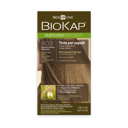 BioKap Nutricolor Delicato+ стойкая крем-краска для волос, 8.03 блондин натурально-светлый, 140 мл