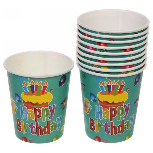 Florento Набор одноразовый стаканов Happy Birthday Тортик со свечками, 200 мл, 10 шт., бирюзовый
