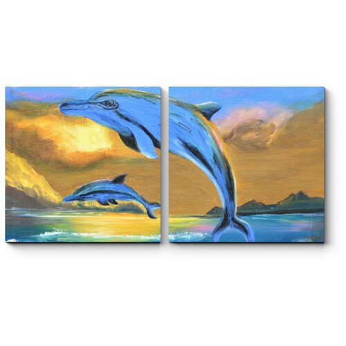 Модульная картина Дельфины на закате, масло 130x65