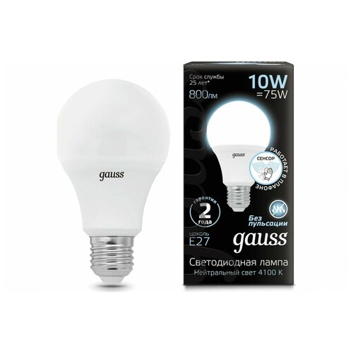 Лампа Gauss A60 10W 800lm 4100К E27 Сенсор LED 1/10/50 102502210-M