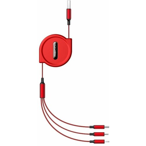 Кабель для зарядки телефона Recci RTC-T08 Thunder USB to Type-C+Lightning+Micro-USB, 1 метр, 3.5A, красный