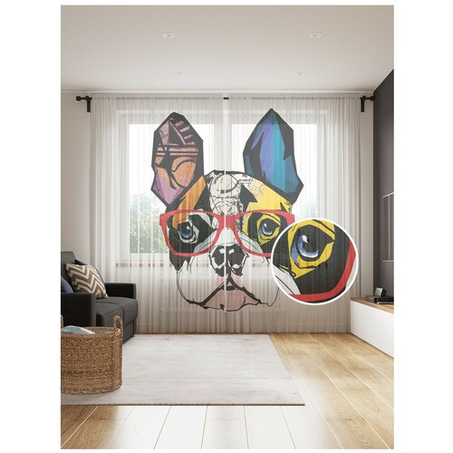 Тюль для кухни и спальни JoyArty "Геометрический мопс в очках", 2 полотна со шторной лентой шириной по 145 см, высота 265 см. Белый, красный, черный