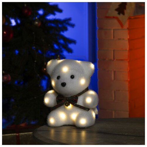 Светодиодная фигура "Медведь с бантиком" 12 х 20 х 7 см, флок, батарейки CR2032х2 (не в комплекте), свечение тёплое белое