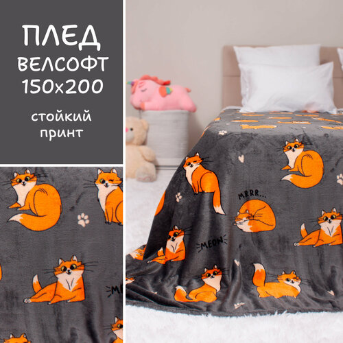 Плед велсофт детский 150х200 см Casa Conforte Фестиваль Кот, темно-серый