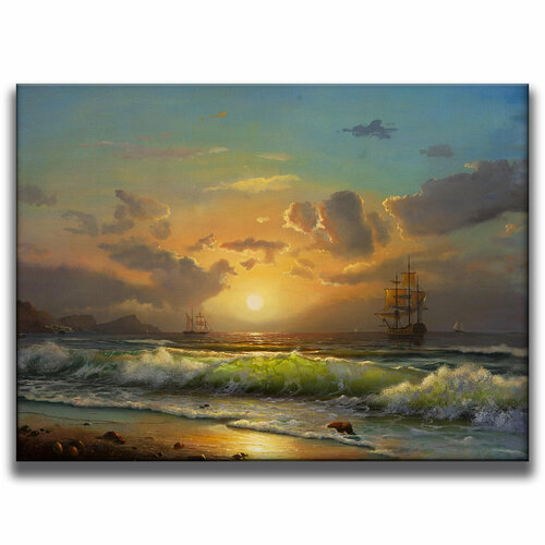 Картина для интерьера на холсте «Морской пейзаж на закате» 51х70, холст натянут на подрамник
