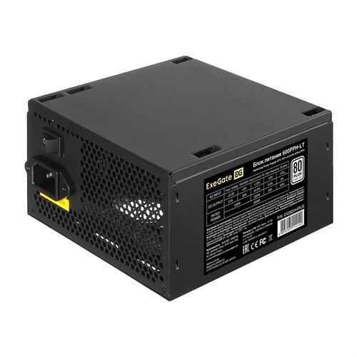 Блок питания 600W ExeGate 80 PLUS® 600PPH-LT-S-OEM (ATX, APFC, КПД 82% (80 PLUS)SC, 12cm fan, 24pin, (4+4)pin, PCIe, 5xSATA, 3xIDE, black, кабель 220V