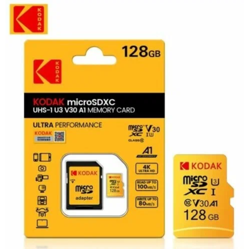 Карта памяти MicroSD Kodak 128GB класс 10 UHS-1 V30 U3 A1 4K Ultra Performance