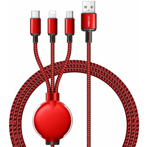 Кабель для зарядки телефона Recci RTC-T09 Shadow USB to Type-C+Lightning+Micro-USB, 1.2 метра, 3.5A, красный