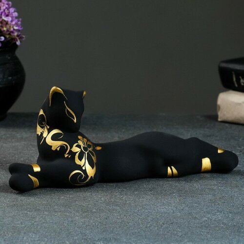 Фигура Кошка Багира лежачая роспись черная 7х27х10см