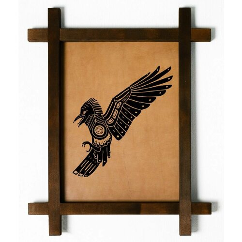Картина "Птица абстракция", интерьерная для украшения и декора на стену в деревянной раме, подарок, натуральная кожа, BoomGift