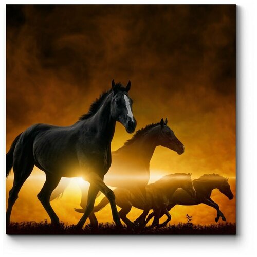 Модульная картина Бегущие лошади на фоне закатных облаков 80x80