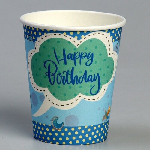 Стакан бумажный "С днём рождения", мишка, в наборе 6 штук, голубой
