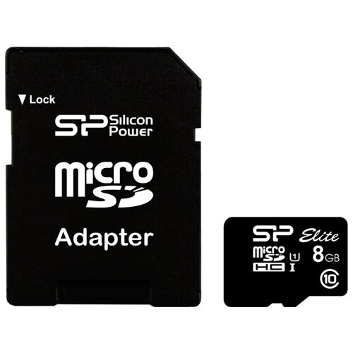 Карта памяти Silicon Power microSDHC 8 ГБ Class 10, UHS-I, R/W 25/14 МБ/с, адаптер на SD