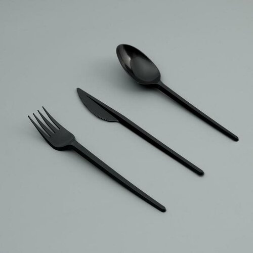 Набор одноразовой посуды "Вилка, ложка, нож" черный цвет, 16,5 см (25 набор)