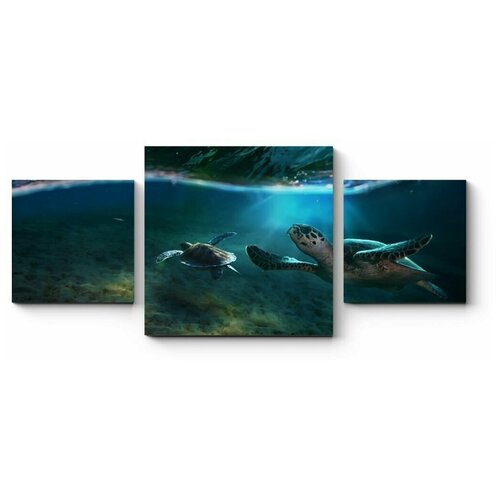 Модульная картина Зеленые черепахи, плывущие под волной120x51