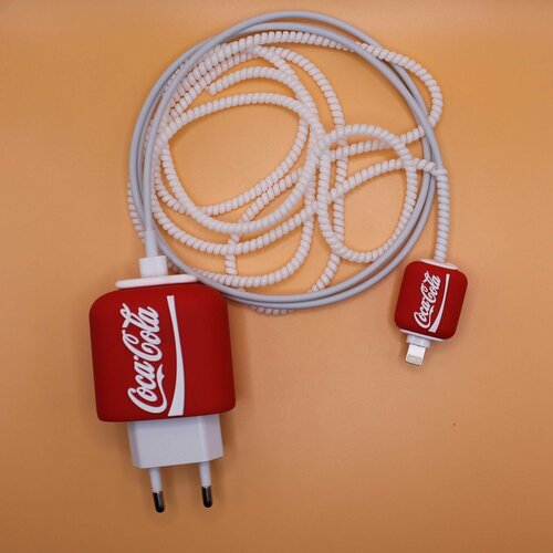 Комплект с обмоткой-спиралью для кабеля и защитный чехол для зарядки / защита кабеля от излома / Кока Кола (белый матовый)